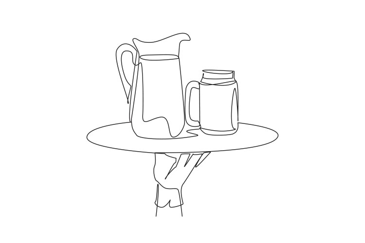Single one line drawing waiter holding food tray Vector Image