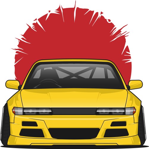 Cartoon japan tuned car on red sun background Vector Image
