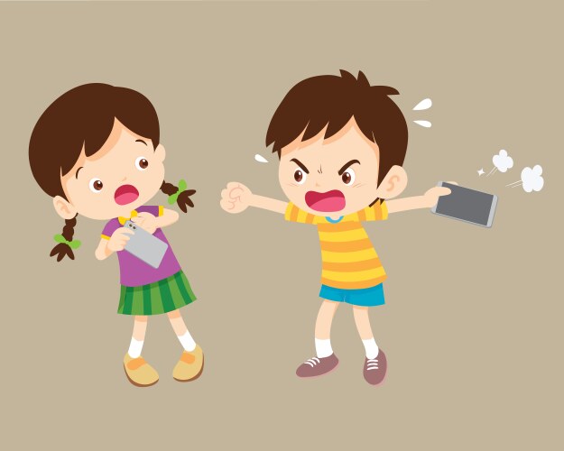 Angry kid addicted mobile phone Royalty Free Vector Image