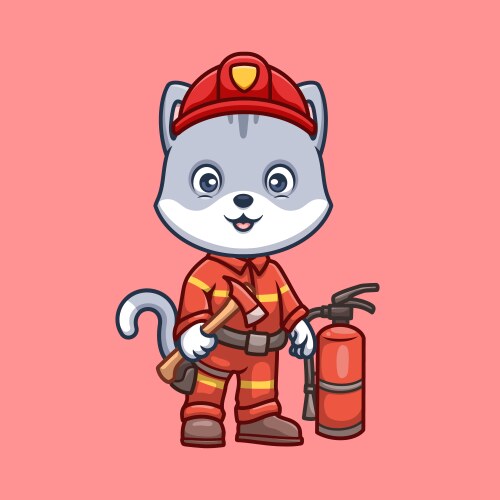 Firefighter grey cat cute cartoon Royalty Free Vector Image