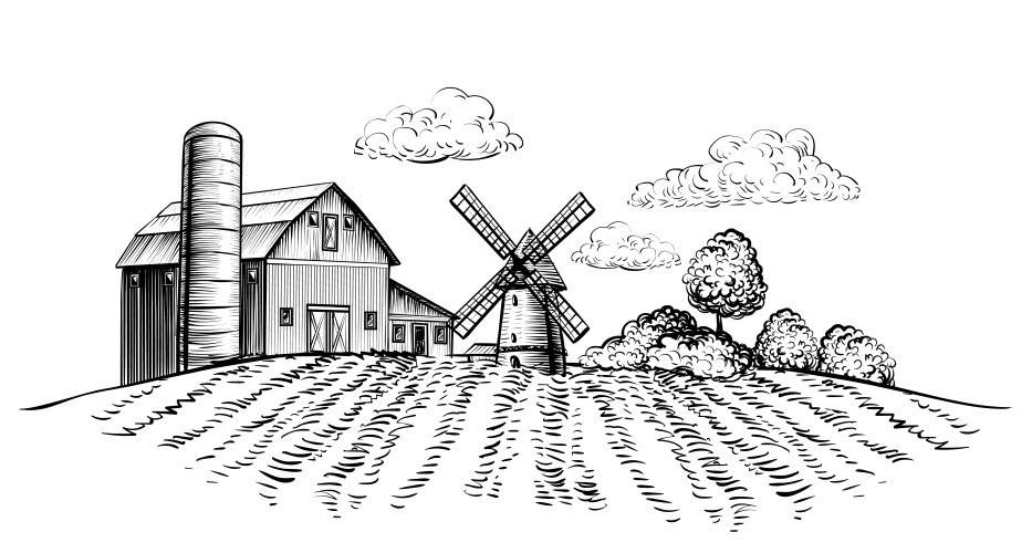 Rural landscape farm barn and windmill sketch Vector Image