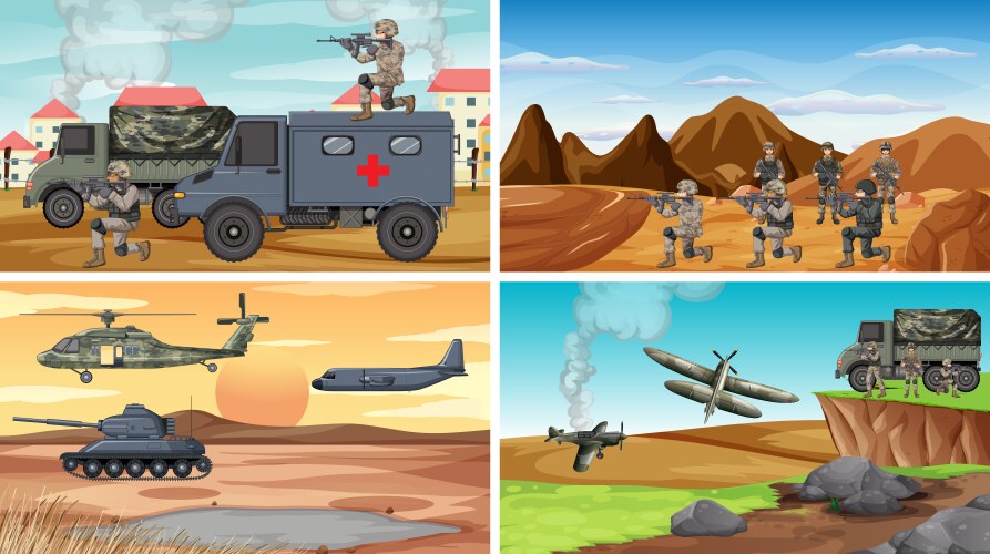 Set of different army war scenes Royalty Free Vector Image