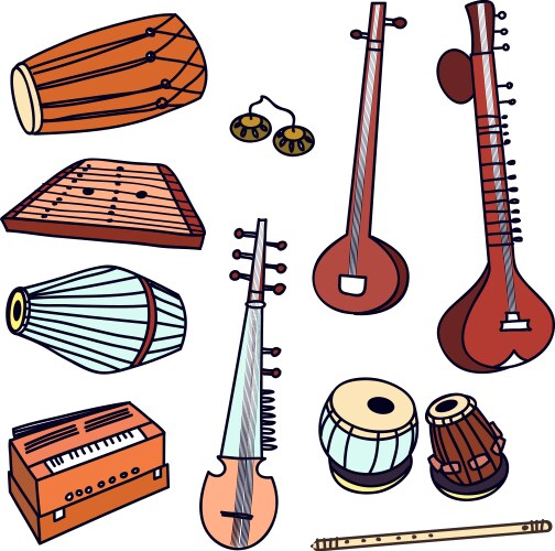 Black and white indian musical instruments Vector Image