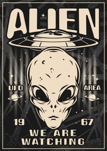 Alien watching vintage poster colorful Royalty Free Vector