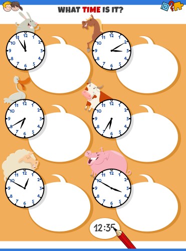 Clock face cartoon educational worksheet Vector Image