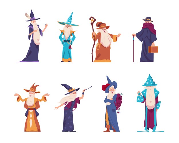 Wizard in a star robe holding up his wand Vector Image