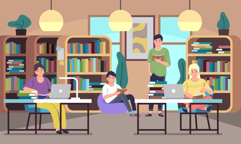 People in library men and women read book Vector Image