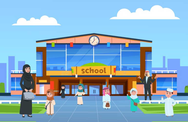 Muslim students and teacher in classroom Vector Image