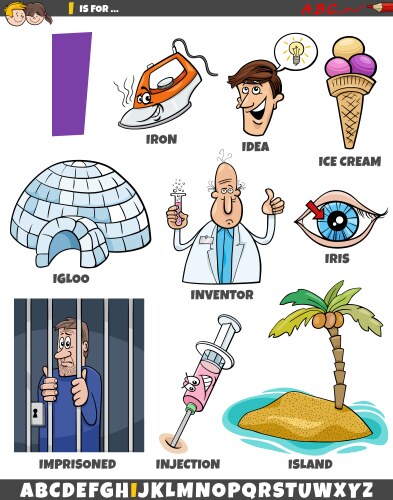 Letter i words educational set with cartoon Vector Image