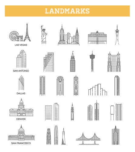 World landmarks signs black thin line icon set Vector Image