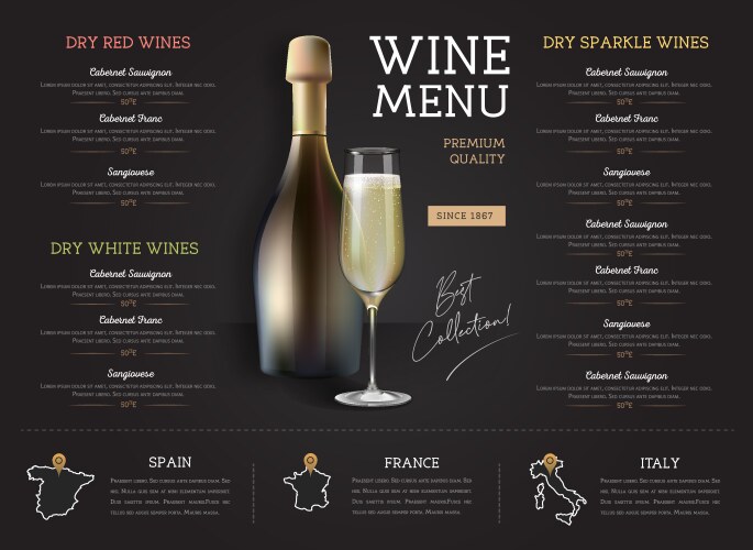 Wine restaurant menu design with glass Royalty Free Vector