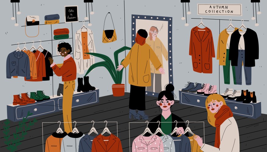 People browsing clothes on a rack in store Vector Image