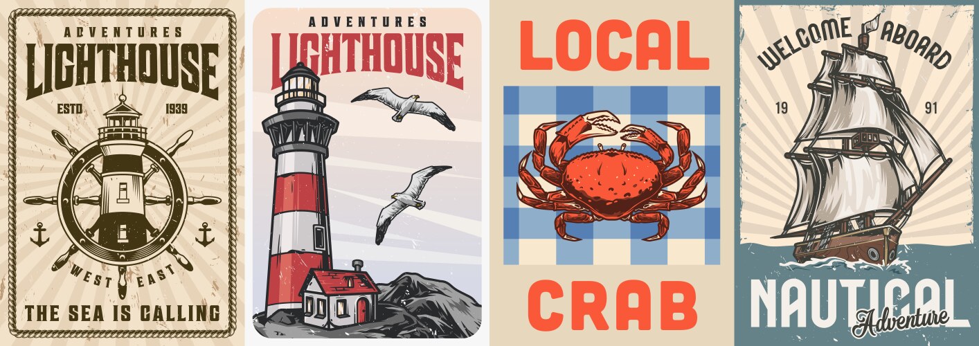 Ocean adventure colorful set posters Royalty Free Vector