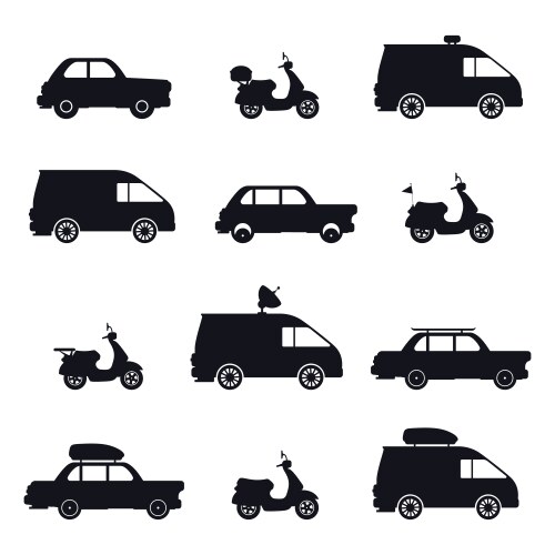 Car icon side view set black silhouette Royalty Free Vector