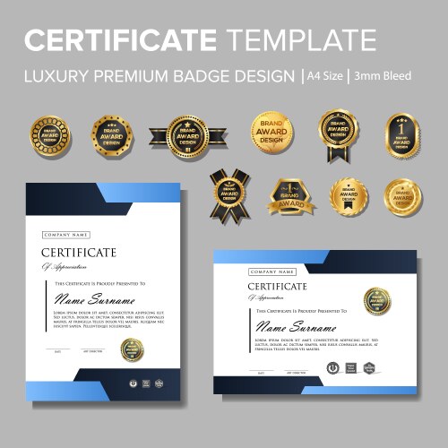 Modern blue certificate with badge Royalty Free Vector Image