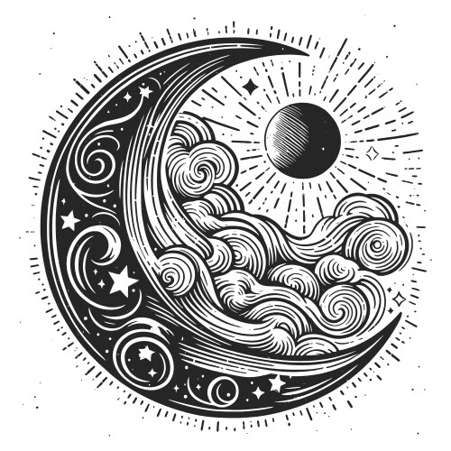Celestial moon and sun engraving Royalty Free Vector Image