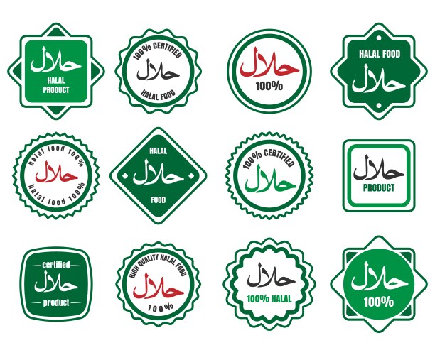 Islamic halal meal gold certified signs Royalty Free Vector