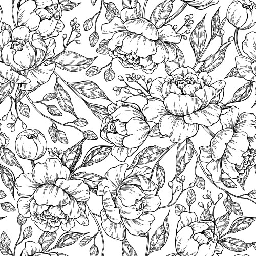Black and white peony flower seamless pattern Vector Image