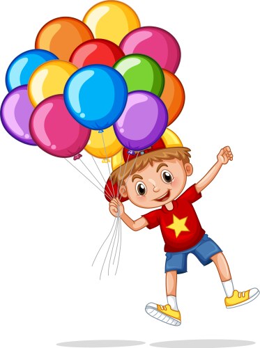 Cartoon boy with bunch of colorful balloons in his