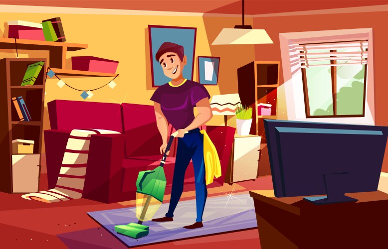 Man cleaning room with vacuum cleaner Royalty Free Vector