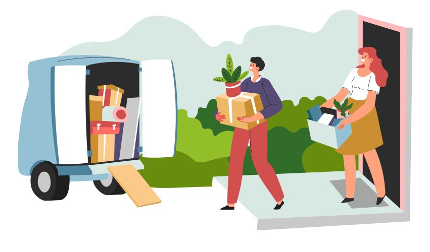 Moving relocation cartoon people packing things Vector Image