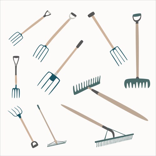 Garden equipment pitchfork shovel rake Royalty Free Vector