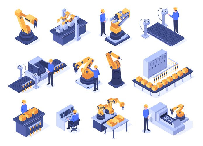 Isometric robotic arm industrial factory machines Vector Image