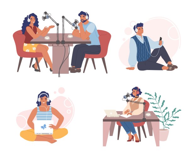 Cartoon people recording a podcast or radio show Vector Image