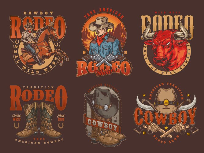 Rodeo show colorful set stickers Royalty Free Vector Image