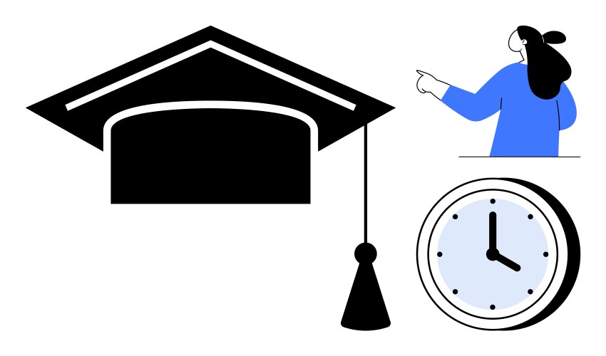 Graduation cap clock and hand symbols Royalty Free Vector