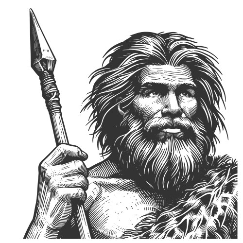 Prehistoric caveman with spear engraving Vector Image
