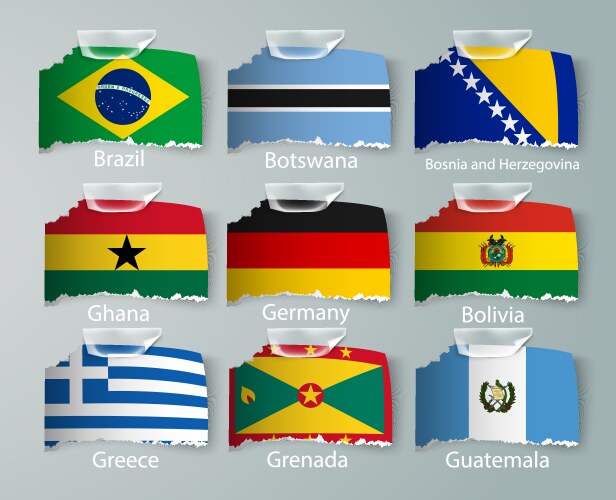 Realistic set flags paper countries Royalty Free Vector