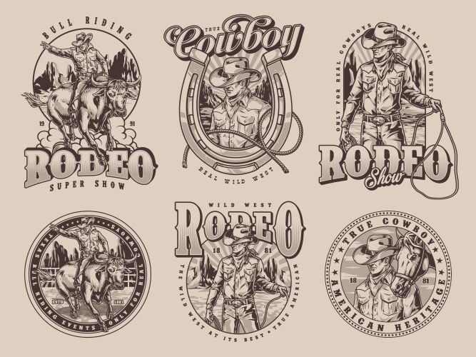 Rodeo show monochrome set stickers Royalty Free Vector Image