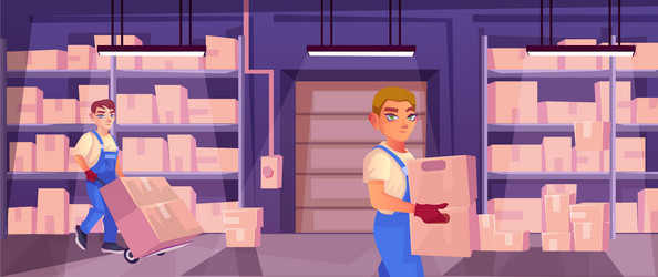 Cartoon warehouse interior with employee in boiler