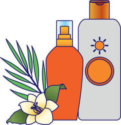 Tropical flowers and sunscreens bottles Royalty Free Vector