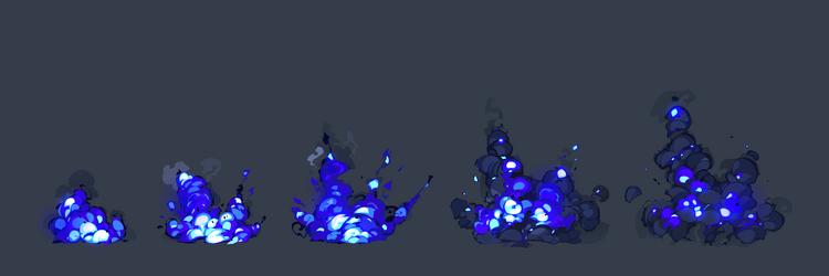 Cartoon explosion effects with blue fire and smoke