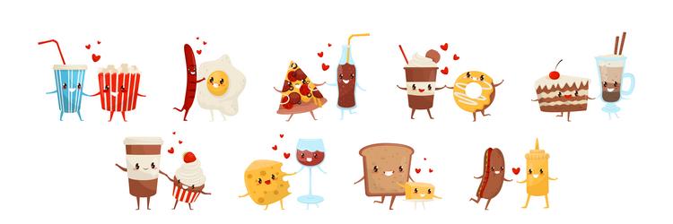 Cute comic food characters in pair feeling love Vector Image