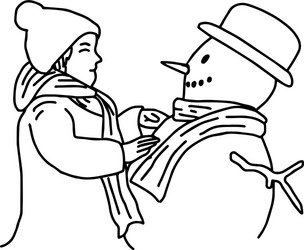 Outline little girl building snowman Royalty Free Vector