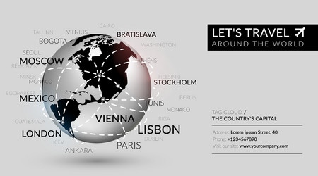 Shiny world globe with tag cloud the capitals Vector Image