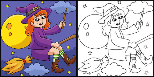 Dot to witch girl on broomstick coloring page Vector Image