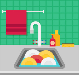 Messy sink with dirty dishes cartoon kitchen Vector Image