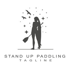 Woman posing with surfboard and paddle stand up Vector Image