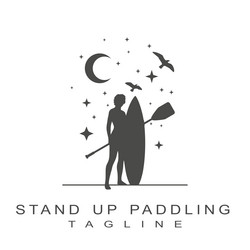 Woman posing with surfboard and paddle stand up Vector Image