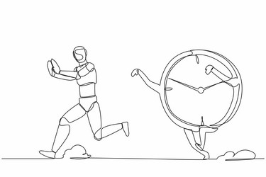 Single continuous line drawing robot chase clock Vector Image