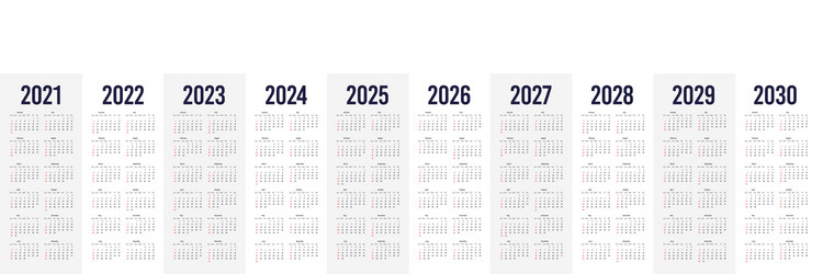 Simple calendar set for 2020 - 2030 years Vector Image