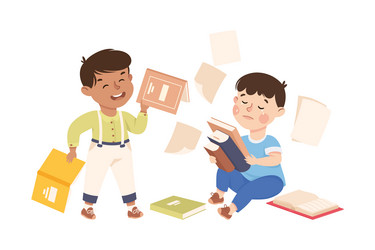 Little bully boy tearing and throwing books Vector Image