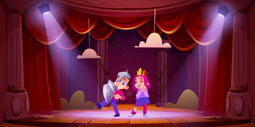 Happy kids performing on theater stage Royalty Free Vector