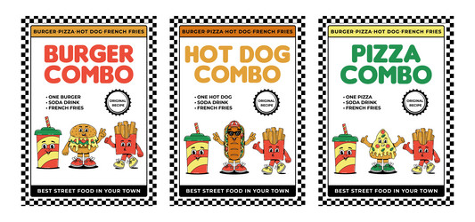 Retro groovy cartoon character fast food posters Vector Image