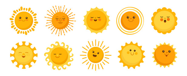 Sun emotion doodle outline character set faces Vector Image
