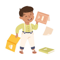 Little boy tearing books having bad behavior Vector Image